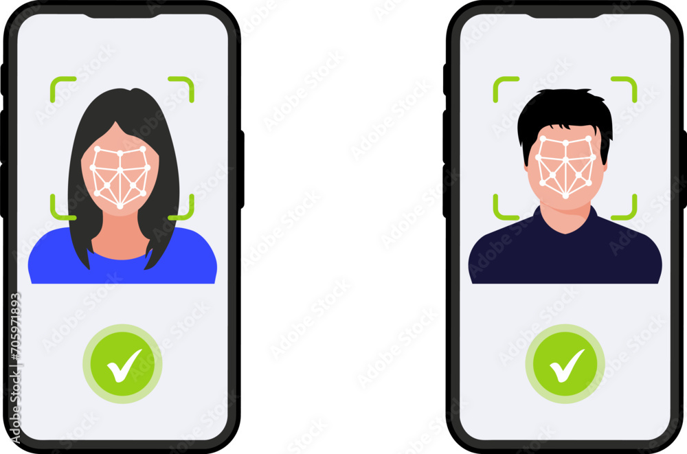 Face ID icon. Face identification on mobile phone. Identification of a person. Face scanning ...