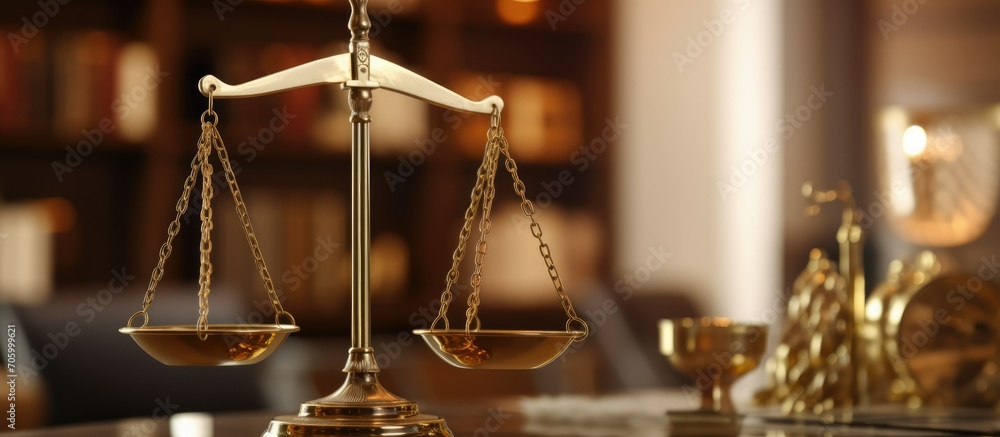 Focus shiny gold scale on blurred background for balance for fair ...