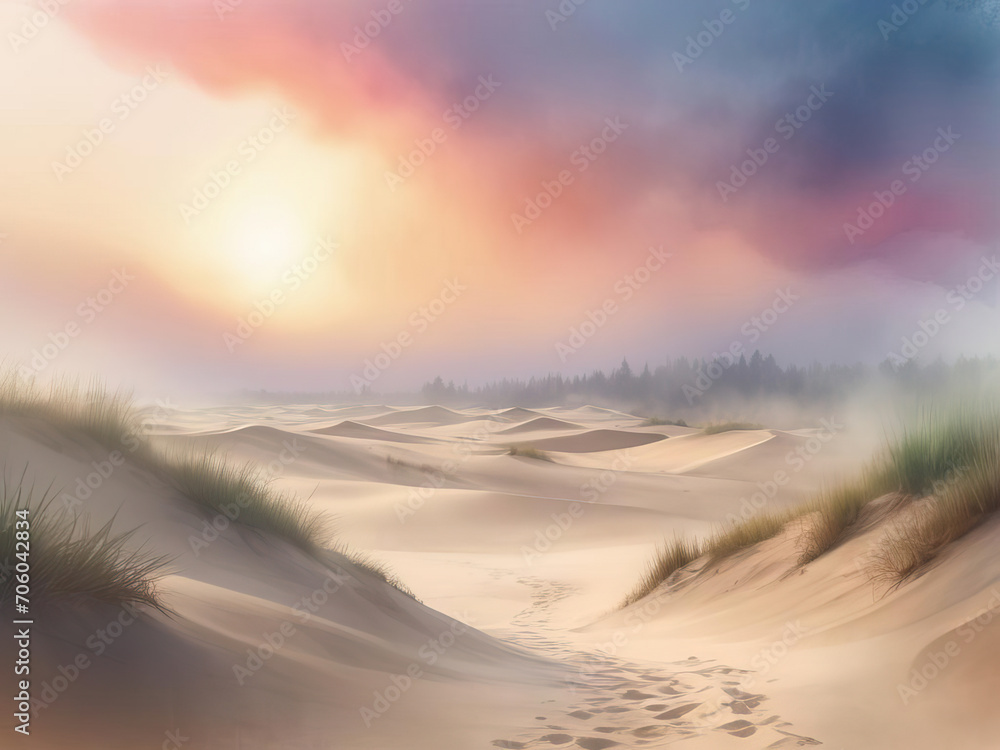Illustration Stock Surreal Landscape - Sand dunes shifting under a ...