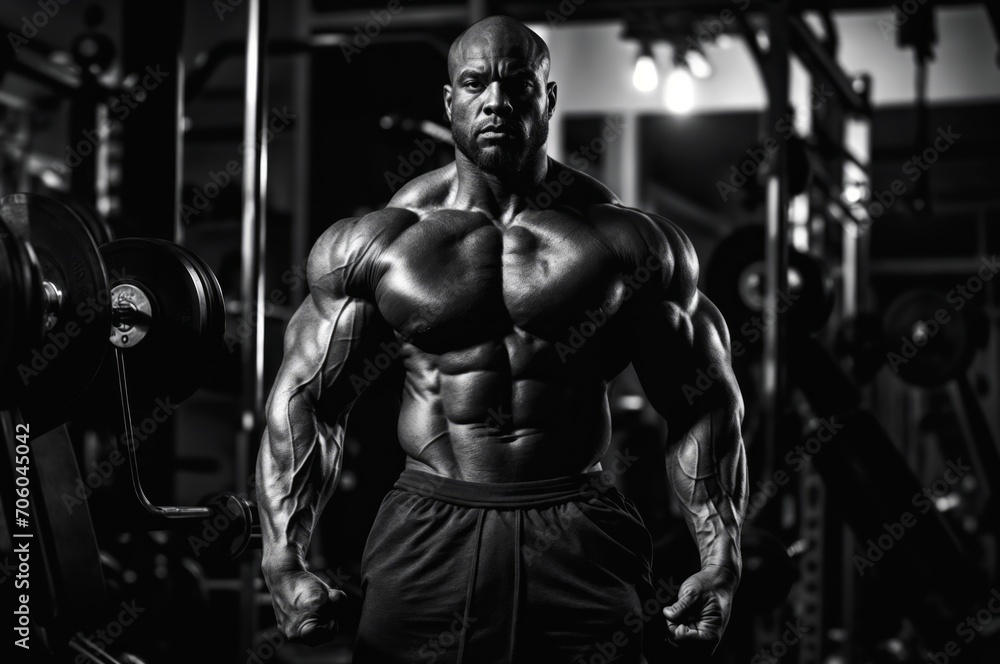 A powerful Afro American bodybuilder posing in the gym, showcasing well ...