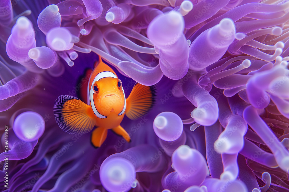 A single clownfish, with its iconic orange and white coloring, nestles ...