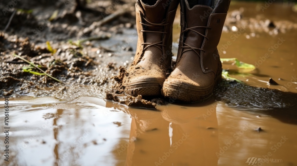 Deep in the heart of a muddy puddle, a single rain boot stands its ...