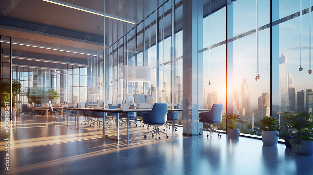 Interior of modern office with glass wall and big windows. 3d rendering ...