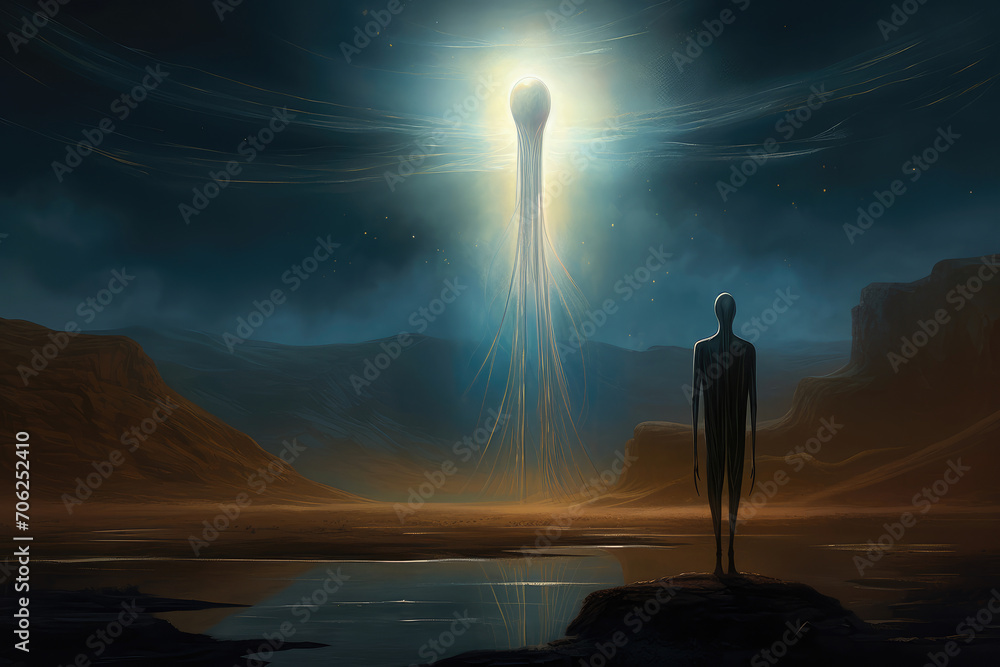 Mystical illustration of a tall, slender alien with elongated limbs and ...