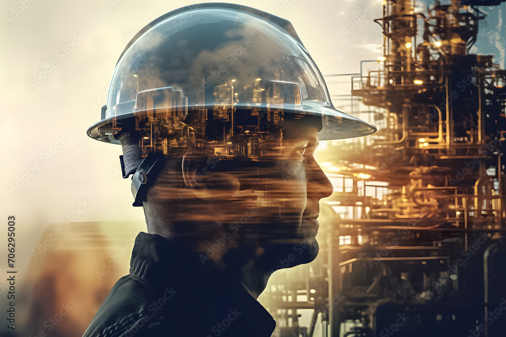 Industry engineer merges with factory backdrop through double exposure ...