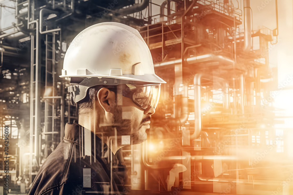Industry engineer merges with factory backdrop through double exposure ...
