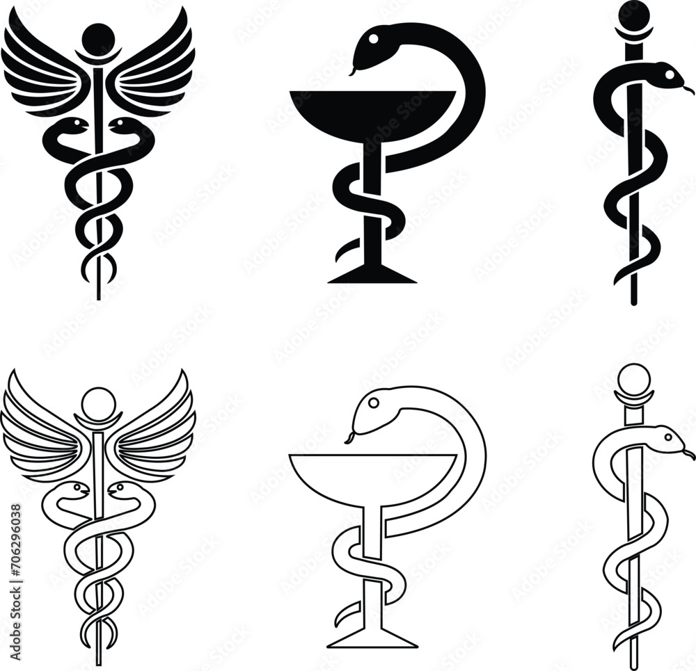 Caduceus snake icons Set in Flat Style. Medical center, pharmacy ...