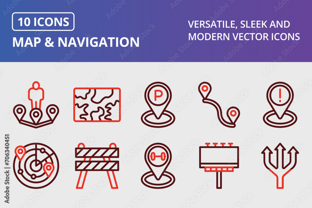 Map & Navigation Thick Line Two Colors Icons Set Stock Vector | Adobe Stock
