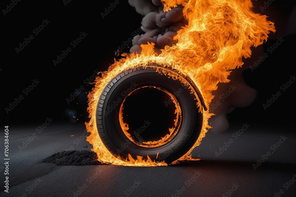 Scene of a burning tire rolling on black surface, pure black background ...