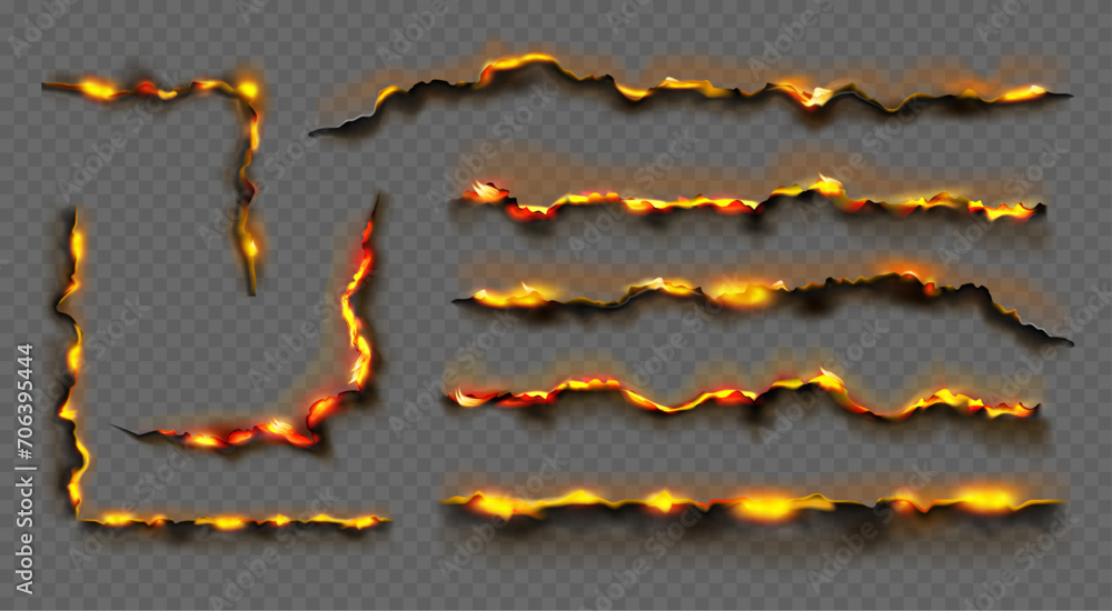 Burnt paper edges with fire and black ash. Vector isolated elements of ...