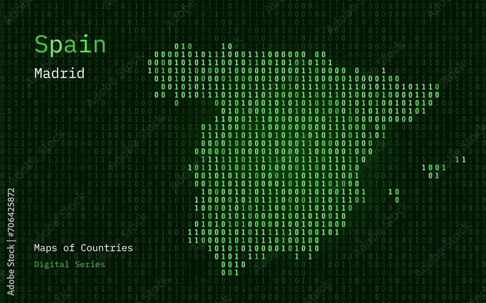 Vector de Stock Spain Green Map Shown in Binary Code Pattern. Matrix numbers, zero, one. World ...