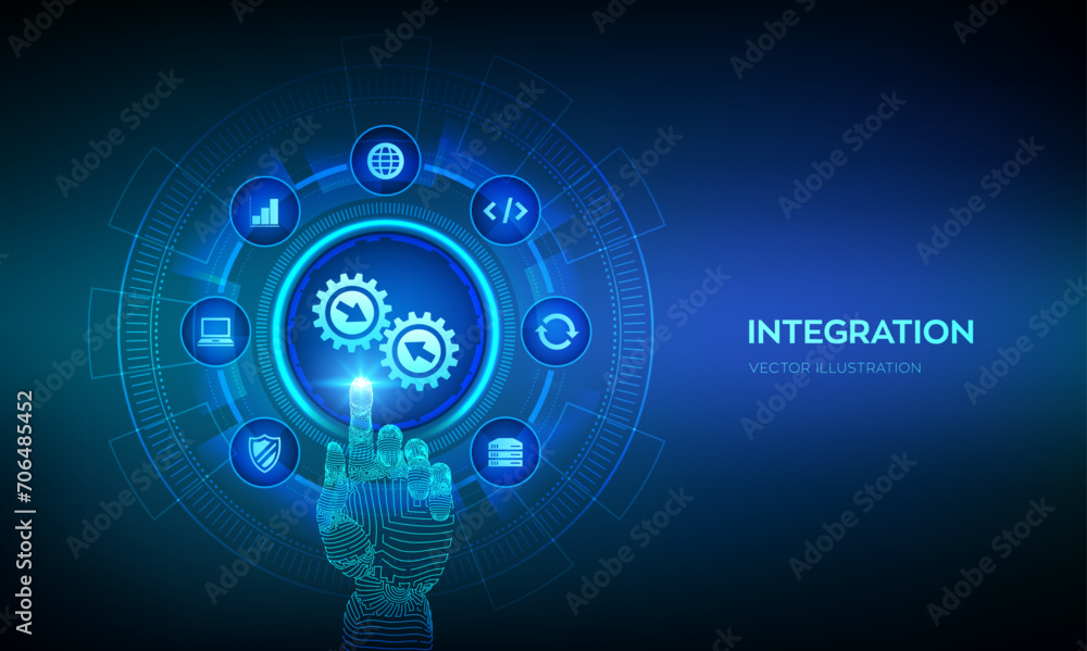 Integration data system. System Integration concept on virtual screen ...