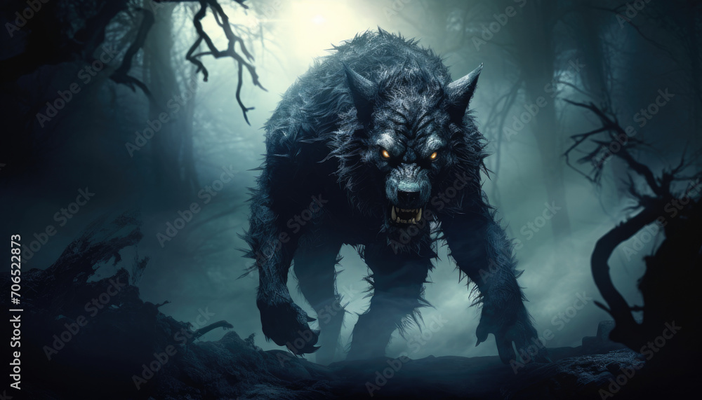 Scary realistic animal monster in mysterious forest night scene with ...