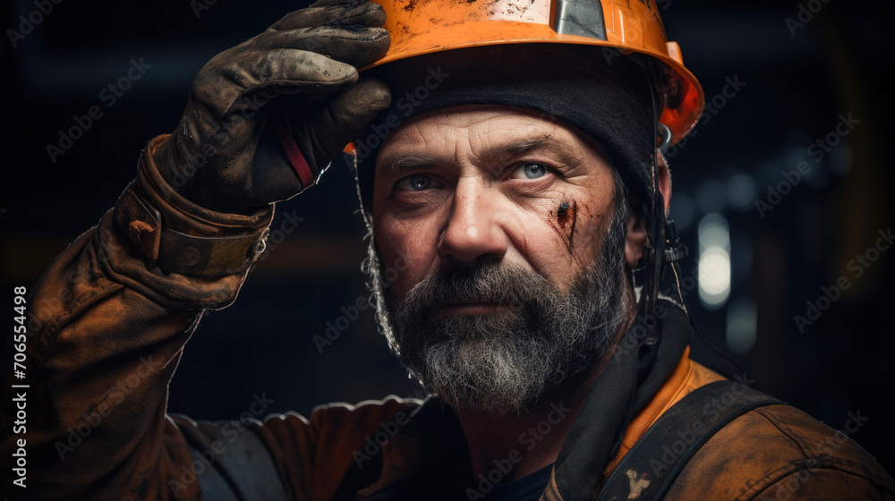 Oil and gas plant operator holds his safety helmet with his glove ...