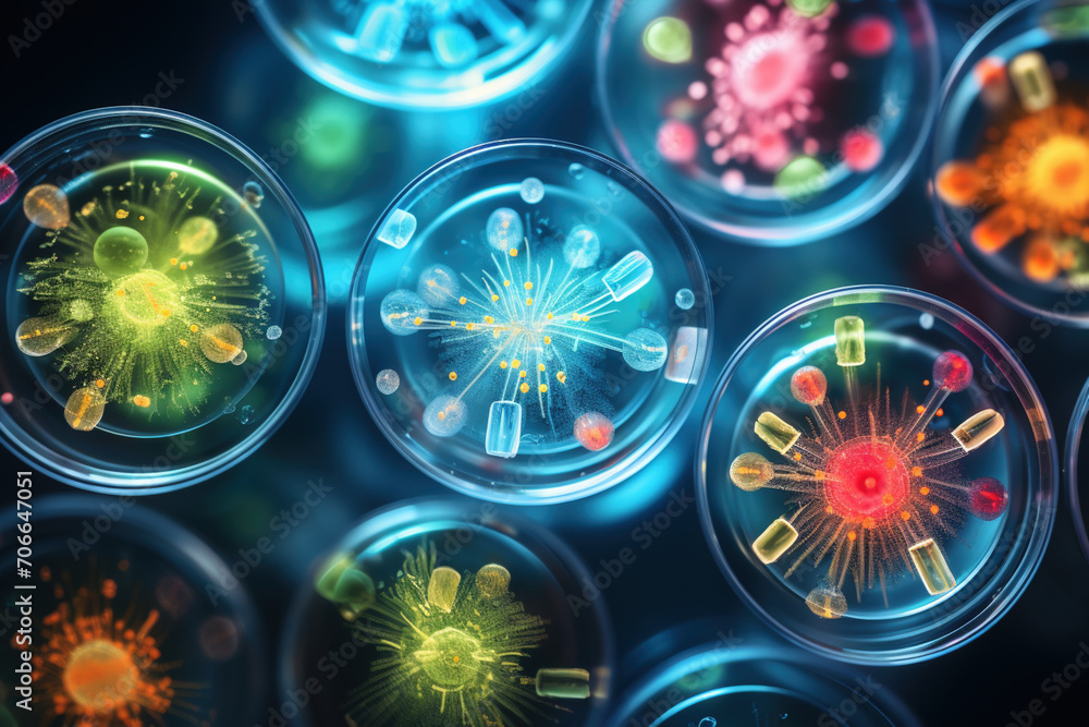 Illnesses research treatment concept. Bacterias top view of variety of ...