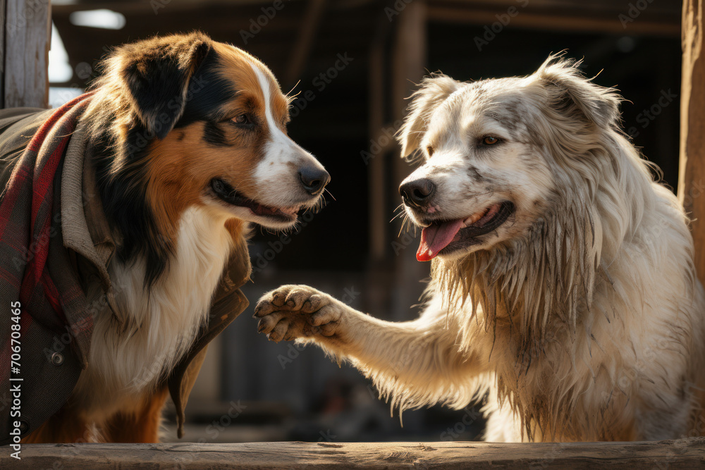A pair of dogs sharing a friendly handshake, highlighting the humorous ...