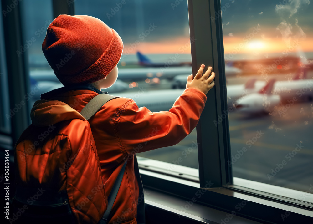 Child watching from the window of the airport the planes, taking off ...