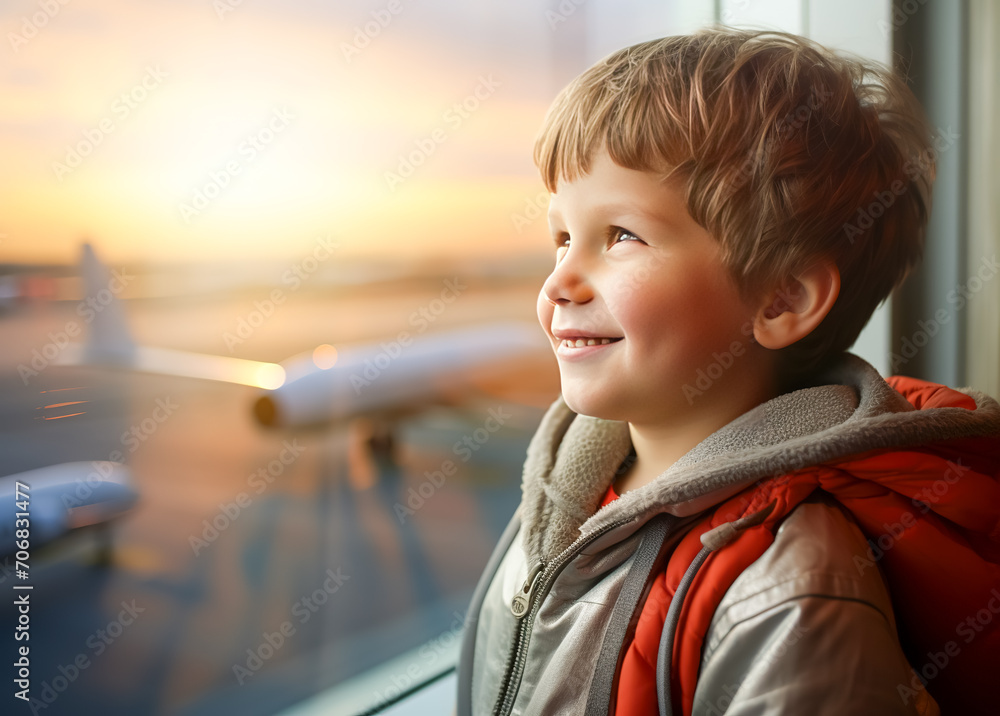 Child watching from the window of the airport the planes, taking off ...