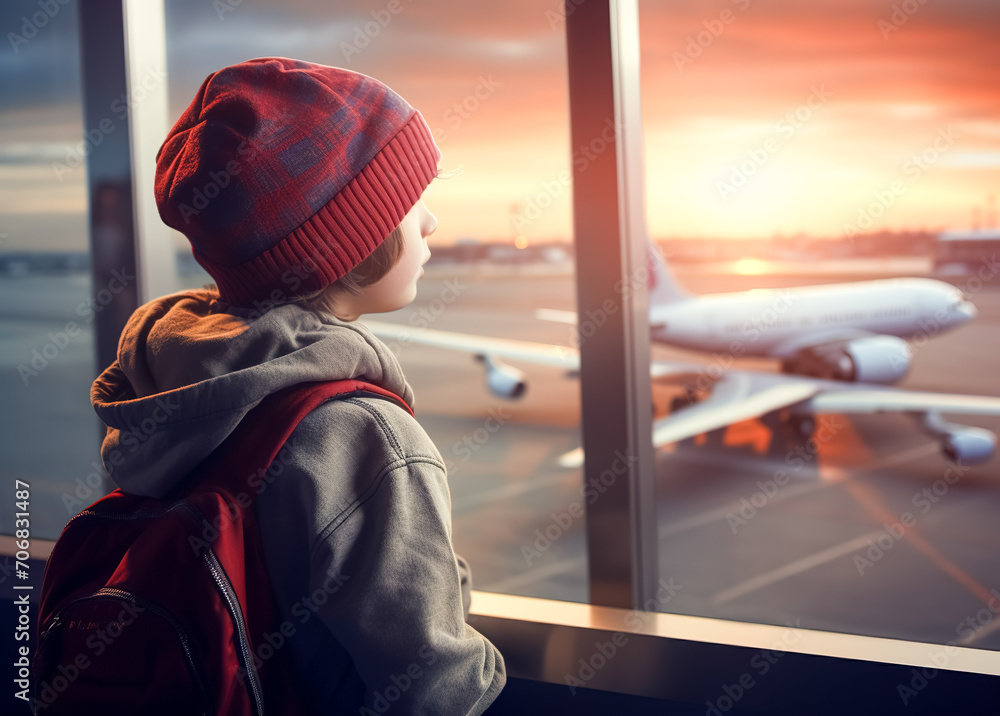 Child watching from the window of the airport the planes, taking off ...