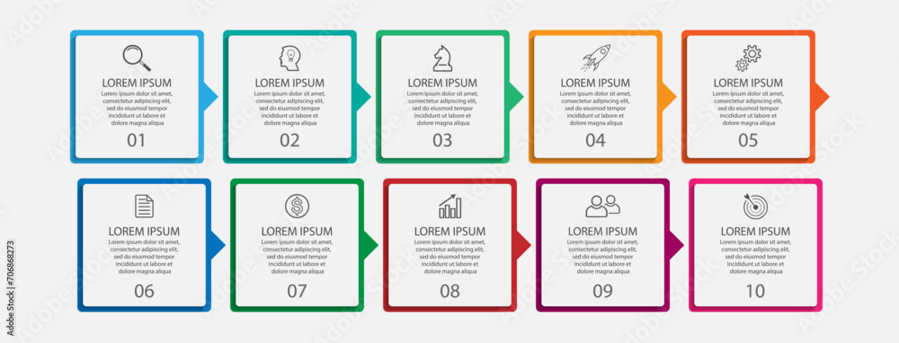 business infographic 10 parts or steps, there are icons, text, numbers ...