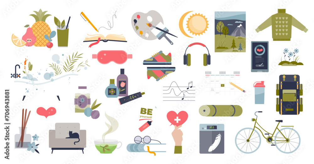 Self care objects with wellness and wellbeing elements tiny person ...