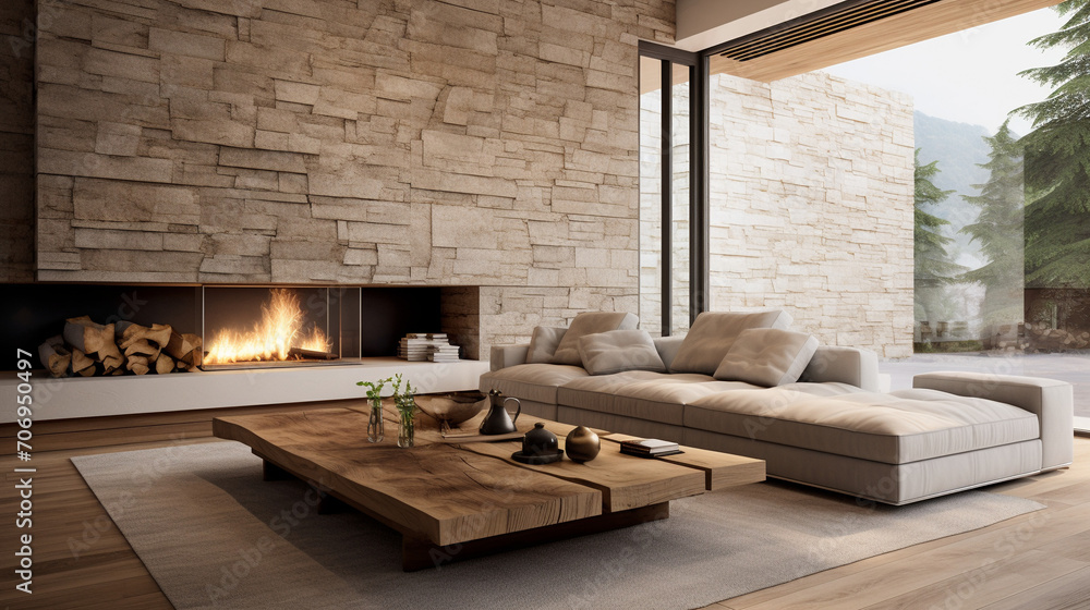 Serenity in Simplicity: Stone Cladding Wall and Live Edge Coffee Table ...