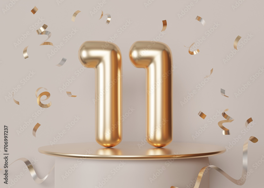Golden shiny number eleven on beige background with confetti. Symbol 11 ...