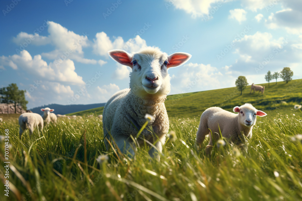 Sheep on a green grassy field, in the style of fish-eye lens, light sky ...