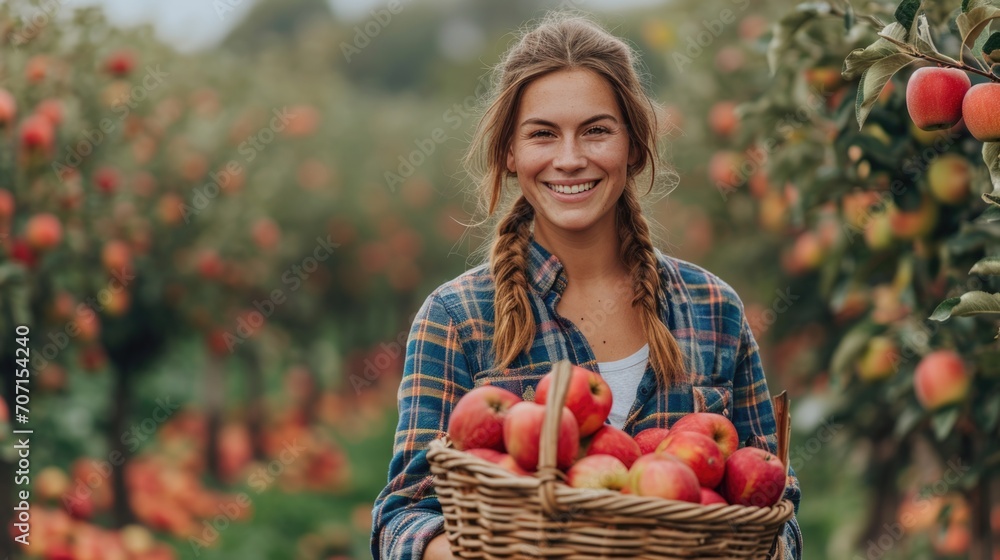 Orchardist with a basket of apples in a blooming orchard, depicting ...