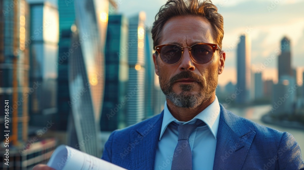 Influential real estate mogul with a skyline backdrop, denoting success ...