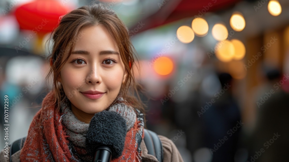 Confident female journalist reporting live, highlighting the fast-paced ...