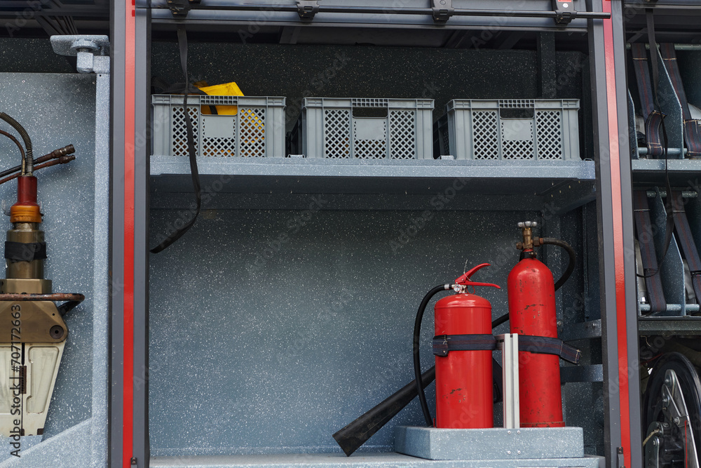 Close-up of essential firefighting equipment on a modern firetruck ...