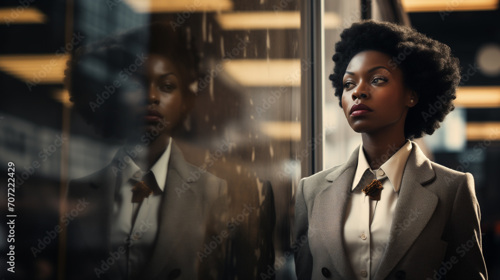 African-American Businesswoman glass reflection in office. Racial ...