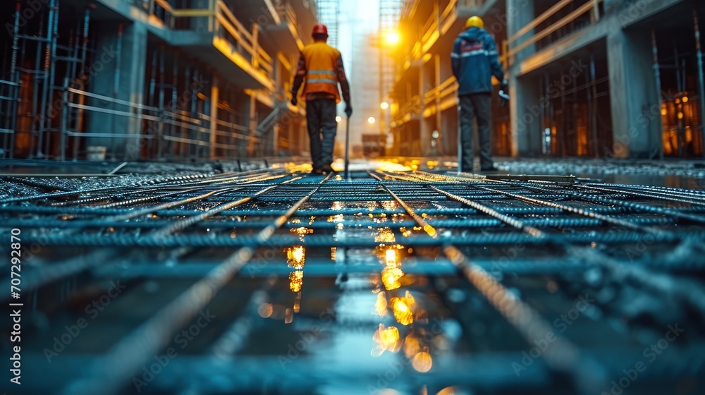 civil engineers stand on the construction site, carefully inspecting ...
