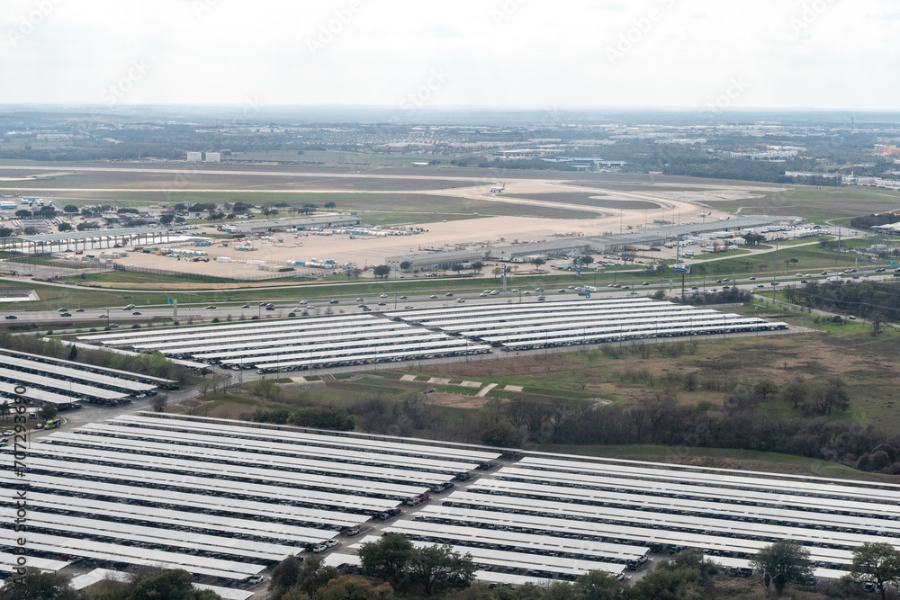 Aerial view of Austin Bergstrom International Airport featuring Covered ...