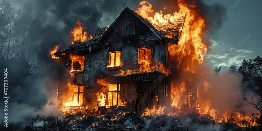 Burning wooden old country house in the dark at night. Accident, house ...