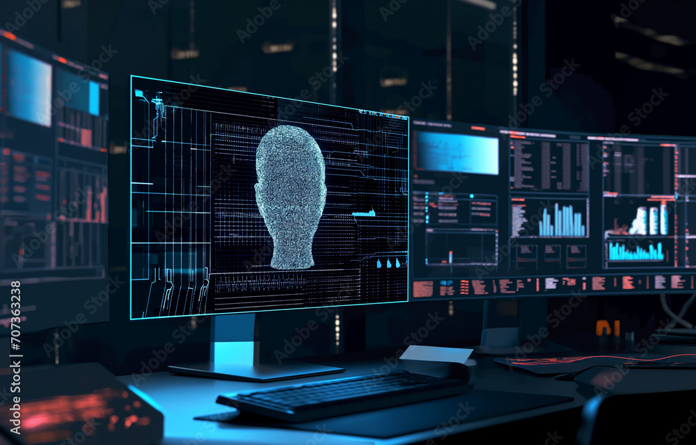 office futuristic computer hologram with charts "AI" logo, workplace ...