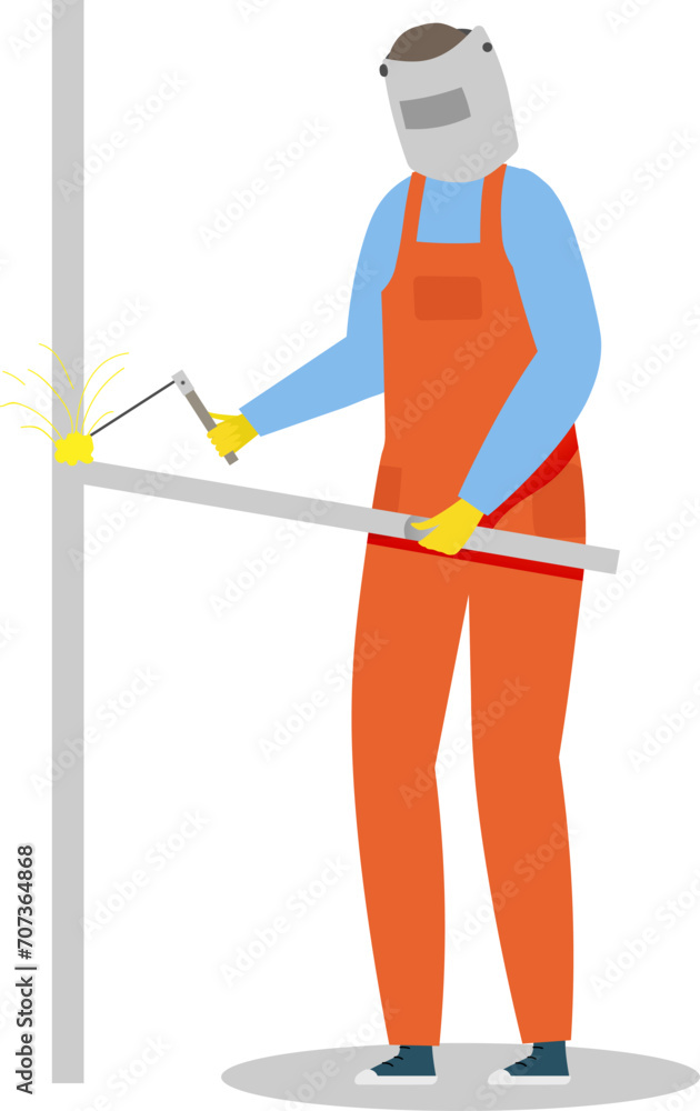 Welder in orange uniform and safety gear welding metal pipe. Industrial ...