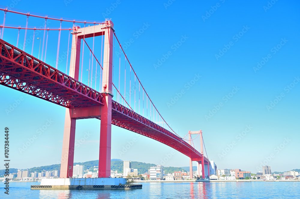 Wakato Bridge, the big red bridge connects Wakamatsu-ward and Tobata ...
