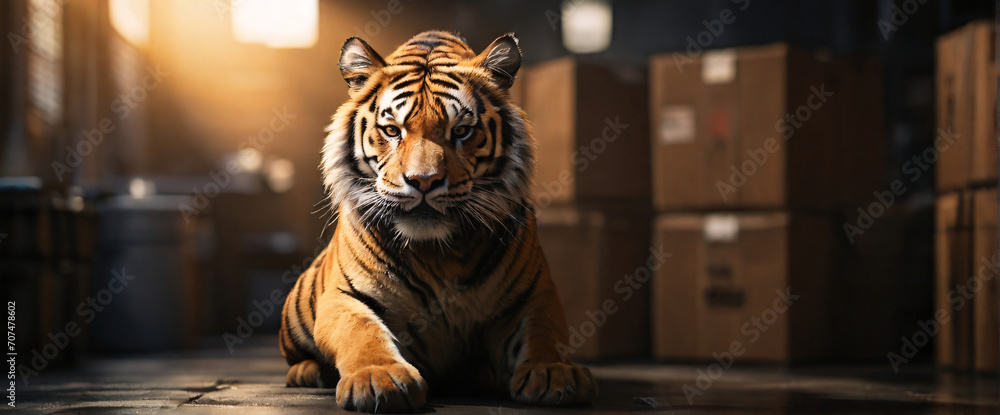 Employee Tiger, their back presented in a half-turn, wearing uniform in ...