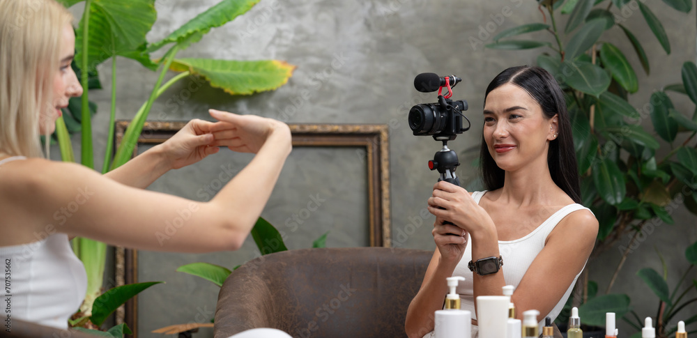 Two beautiful content creator making natural beauty and cosmetic ...