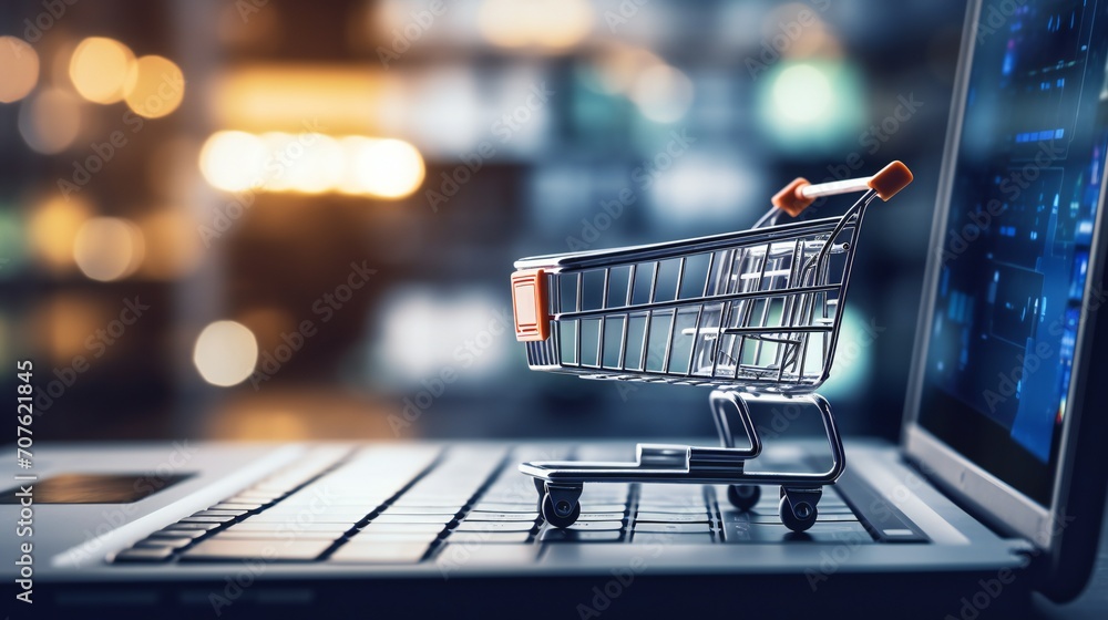 Comprehensive scene of a cashier icon and shopping cart on a laptop ...