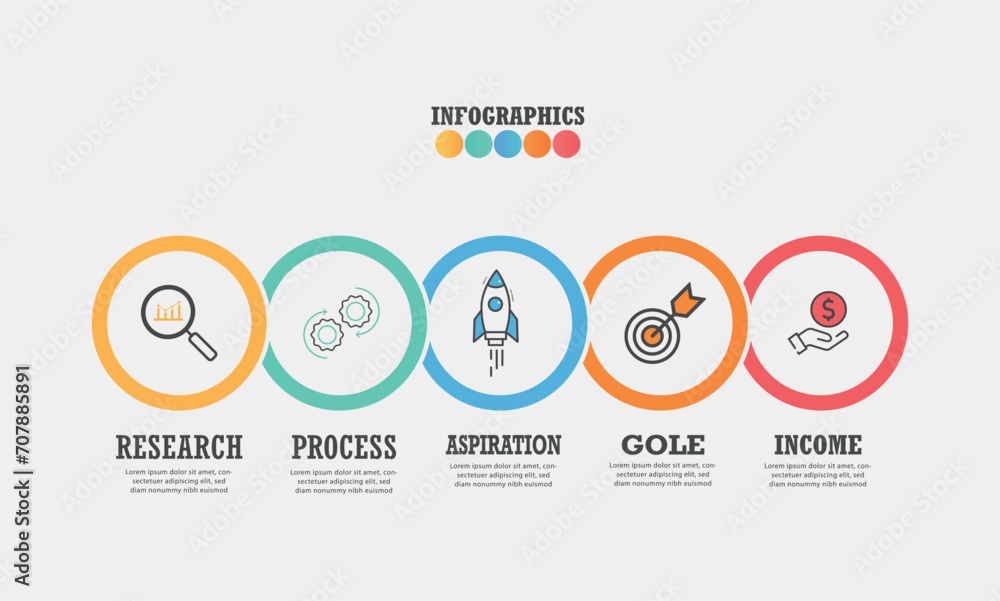 Business infographics. Process with 5 steps, labels, pinter. Vector ...