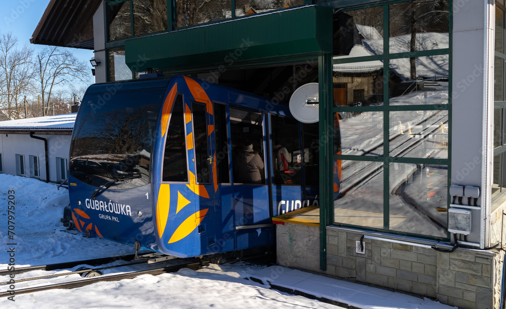 Gubałówka funicular railway at lower or bottom station. Mountain cable ...
