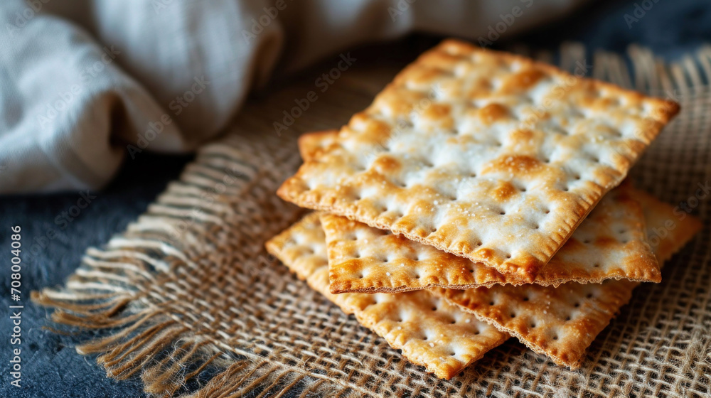 Matzah on a rustic cloth, ready to be served for a Passover Seder ...