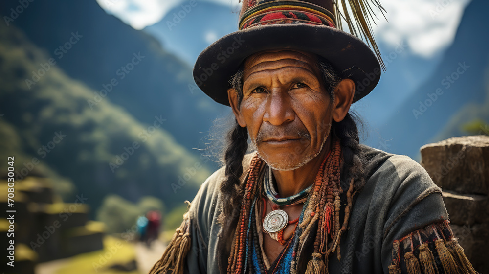 Peruvian in national clothes against the background of Machu Picchu in ...