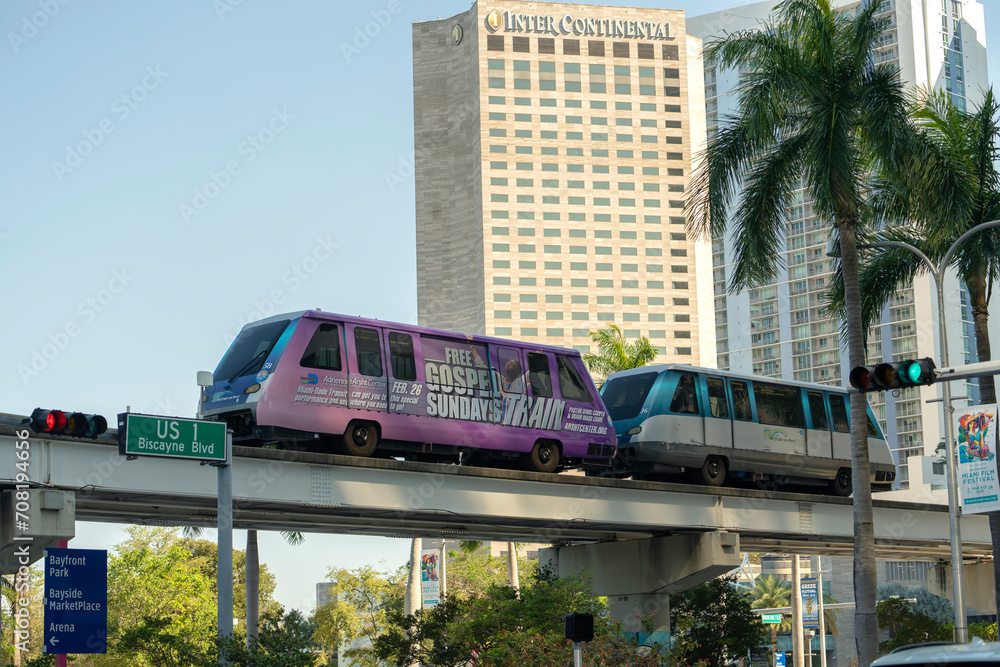 Elevated train for public transportation in Miami city downtown in ...