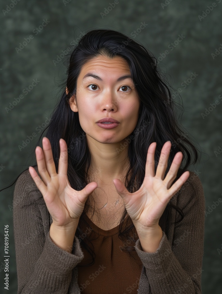 Studio photograph of deaf Asian woman, a person signing using hands and ...