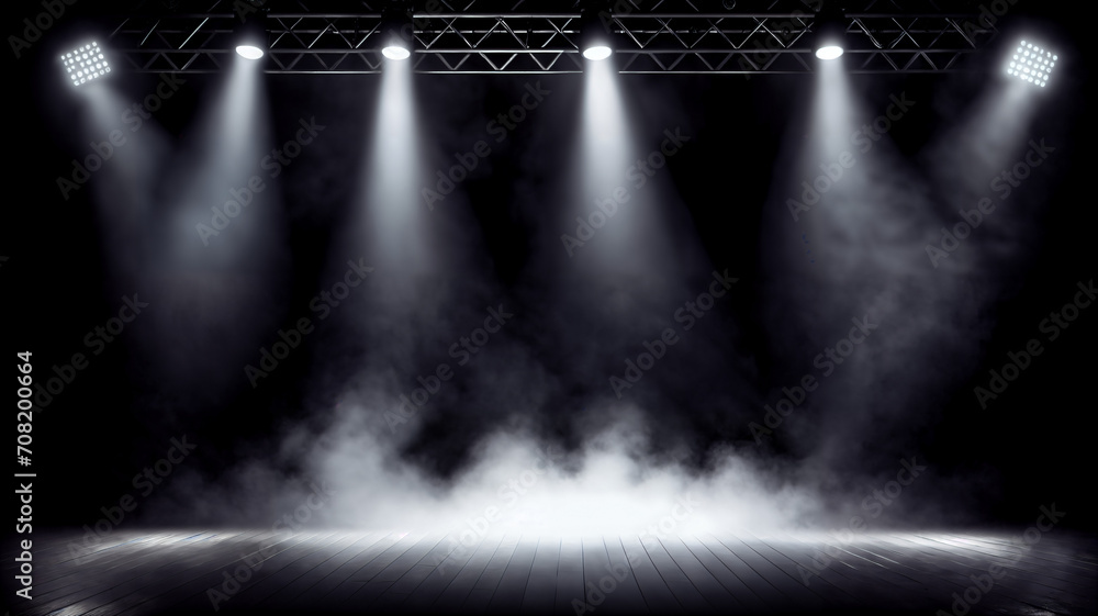 Illuminated stage with scenic lights and smoke. spotlight with smoke ...