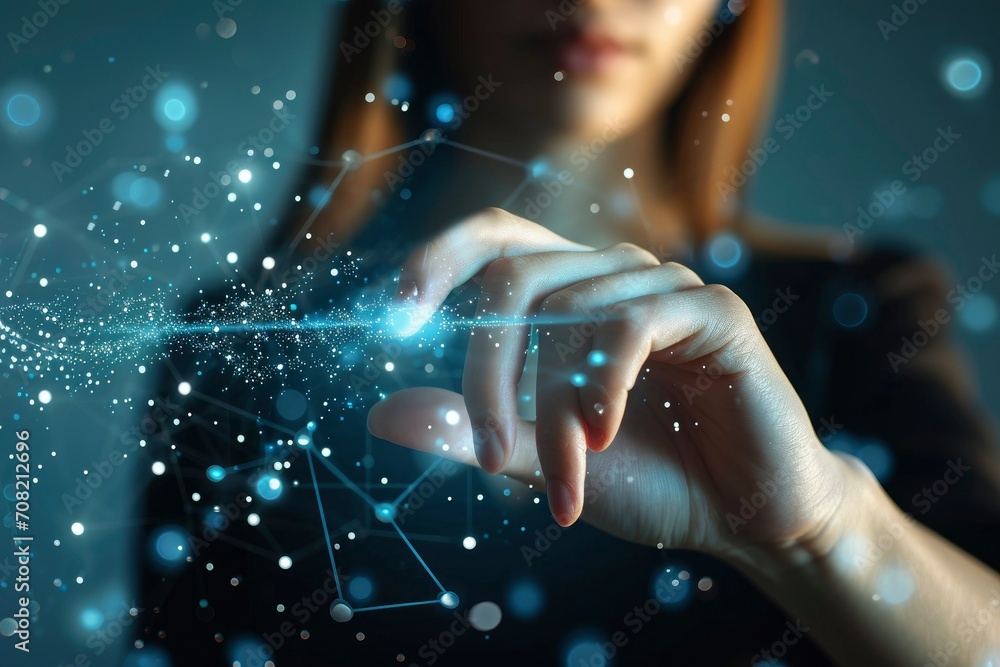 Big Data concept. Digital neural network.Business woman hand touching Introduction of artificial ...